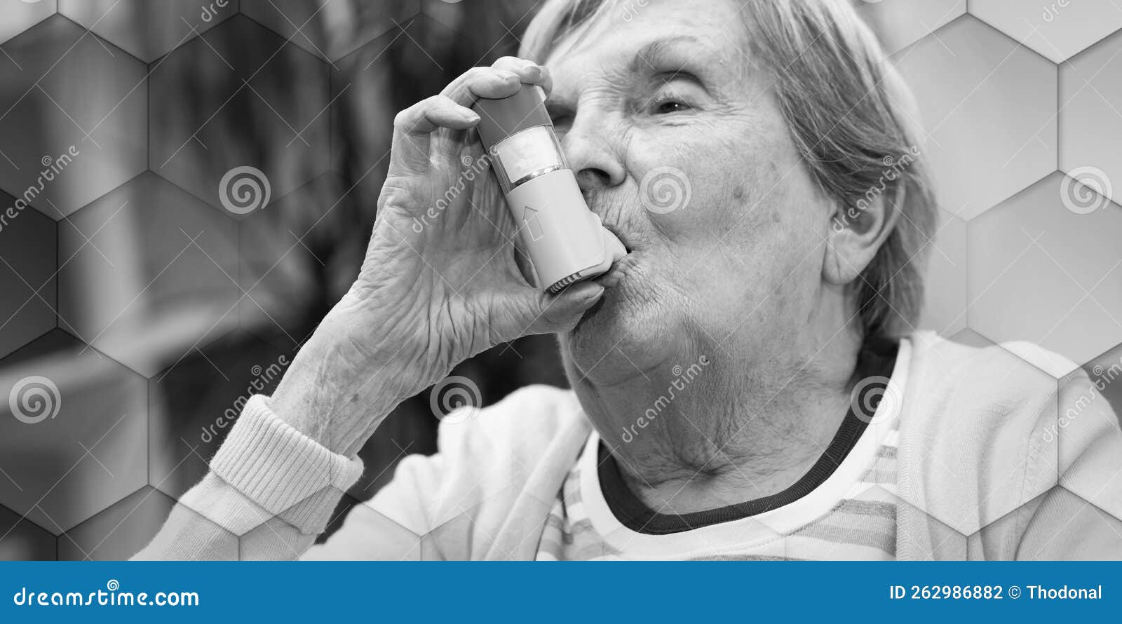 Old Woman Using an Asthma Inhaler, Geometric Pattern Stock Photo ...