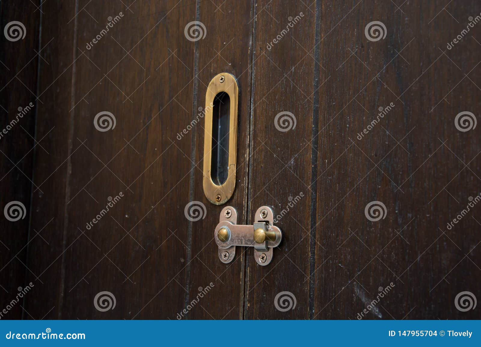 Old wood door lock stock photo. Image of padlock, brown - 147955704