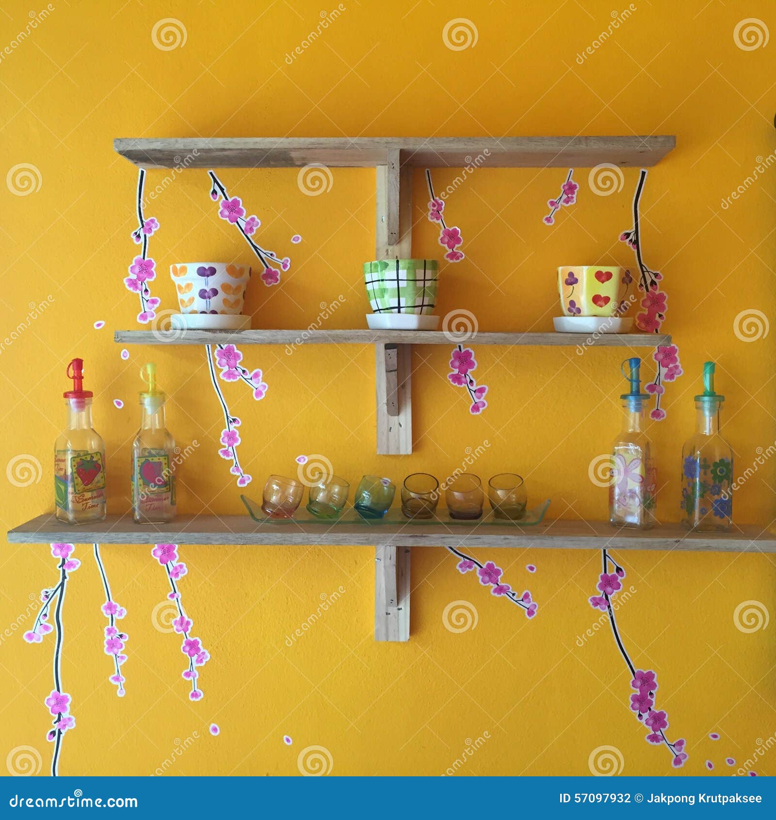 Old Wood Shelf on Retro Wall Stock Photo - Image of yellow, glass: 57097932