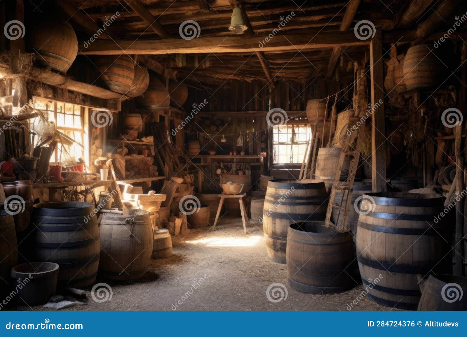 Old Wooden Barrels Stacked in Rustic Barn Stock Photo - Image of ...