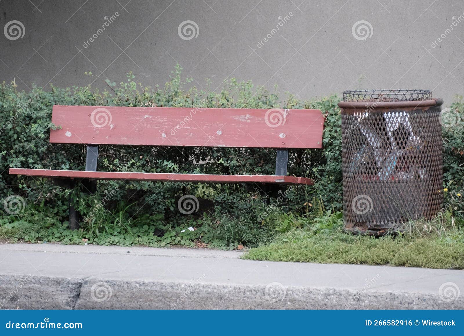 Old Wooden Bench and the Trash Bin Outdoors Stock Photo - Image of ...