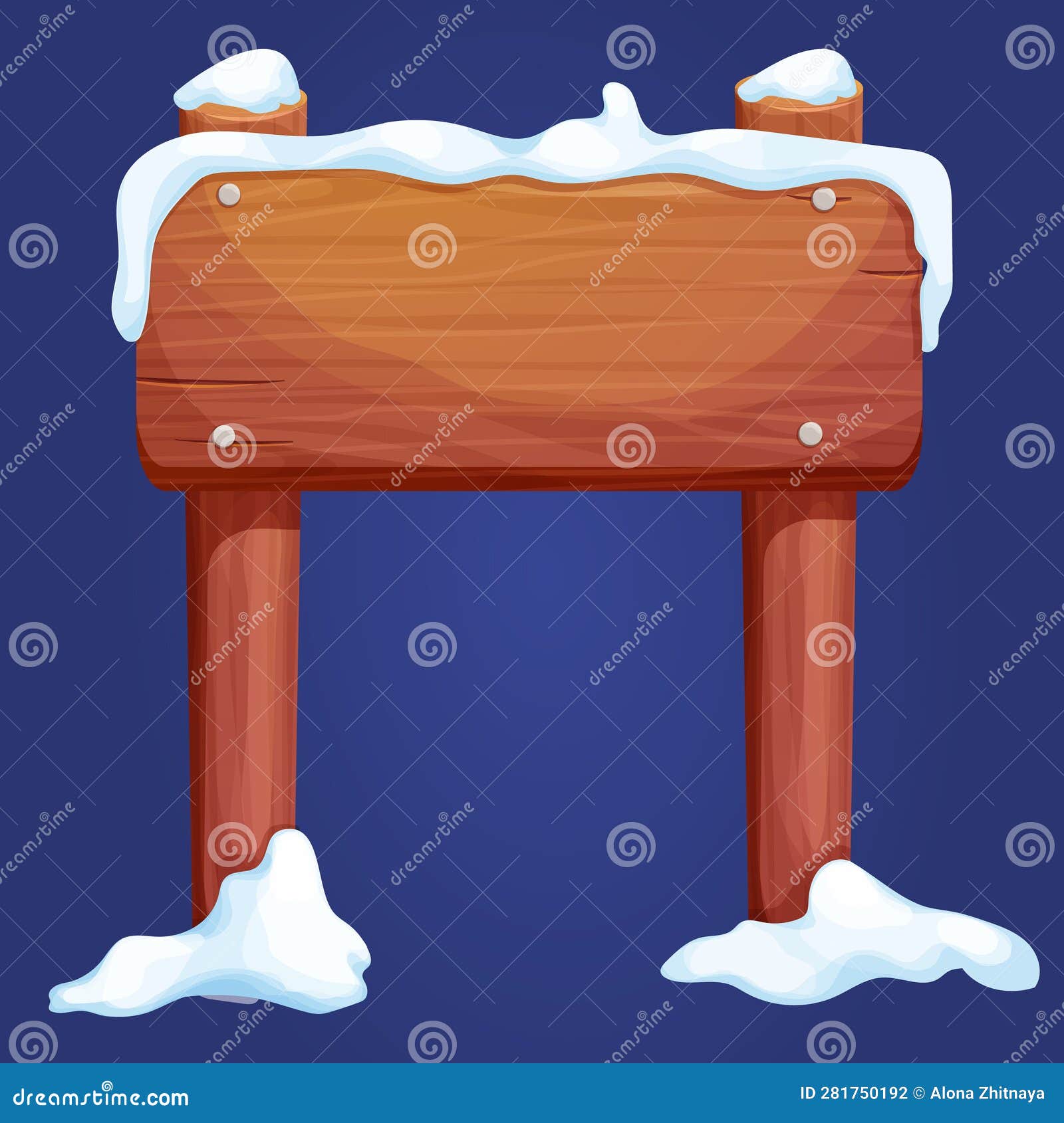 Old Wooden Blank Signboard With Snow In Cartoon Style Empty Frame