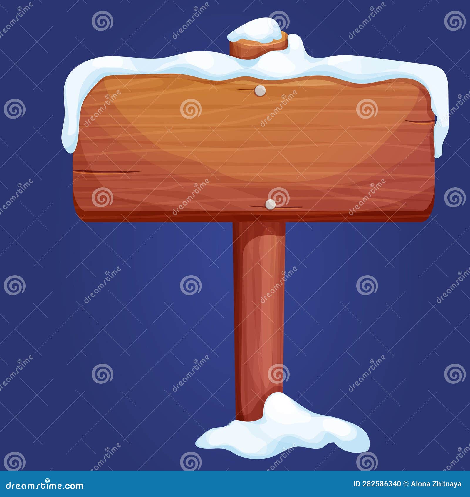 Old Wooden Blank Signboard With Snow In Cartoon Style Empty Frame