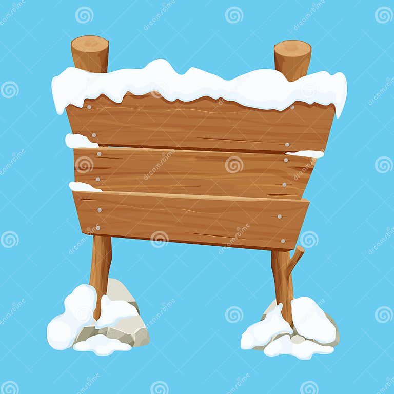 Old Wooden Blank Signboard With Snow In Cartoon Style Empty Frame