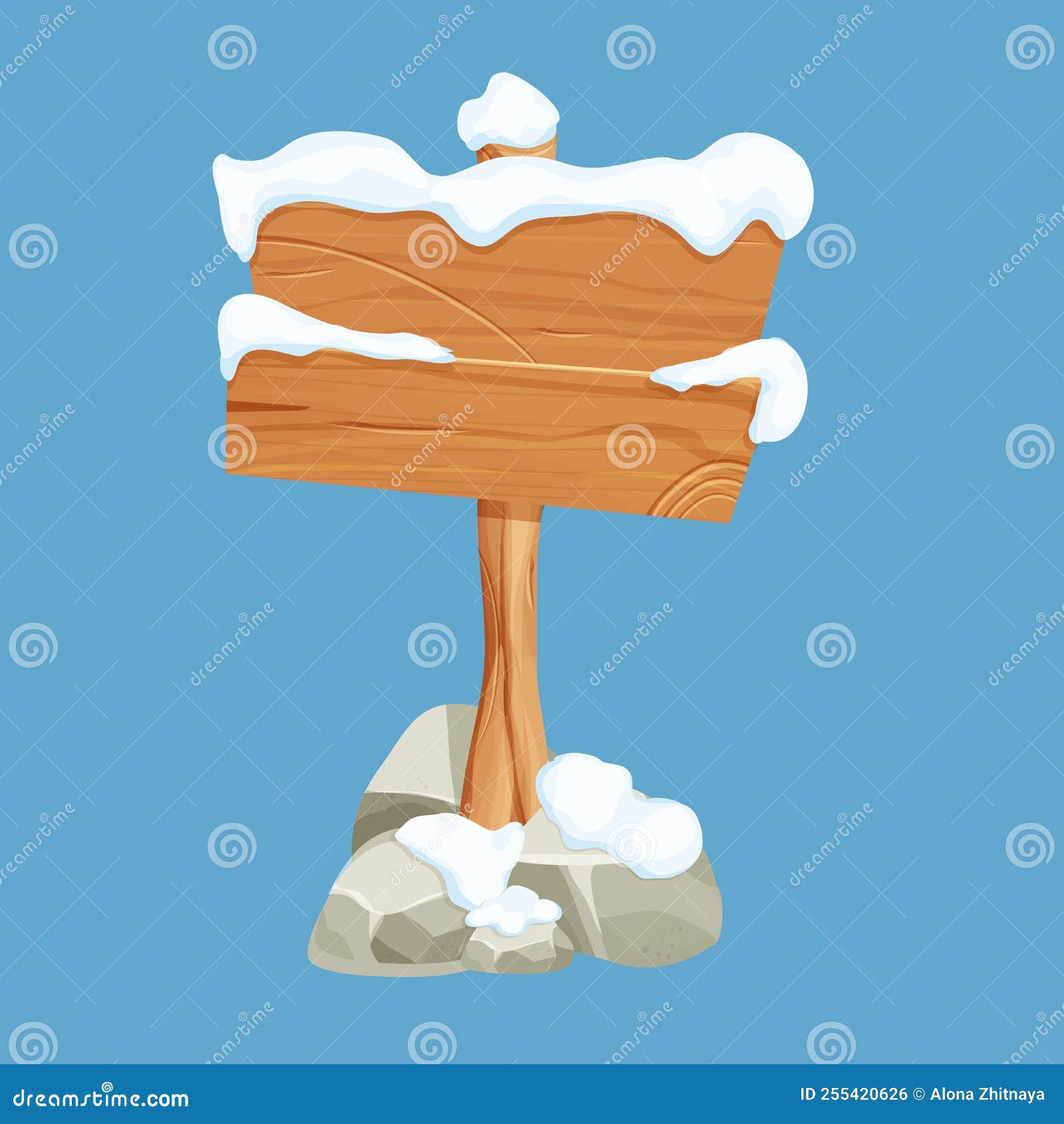 Old Wooden Blank Signboard With Snow In Cartoon Style Empty Frame