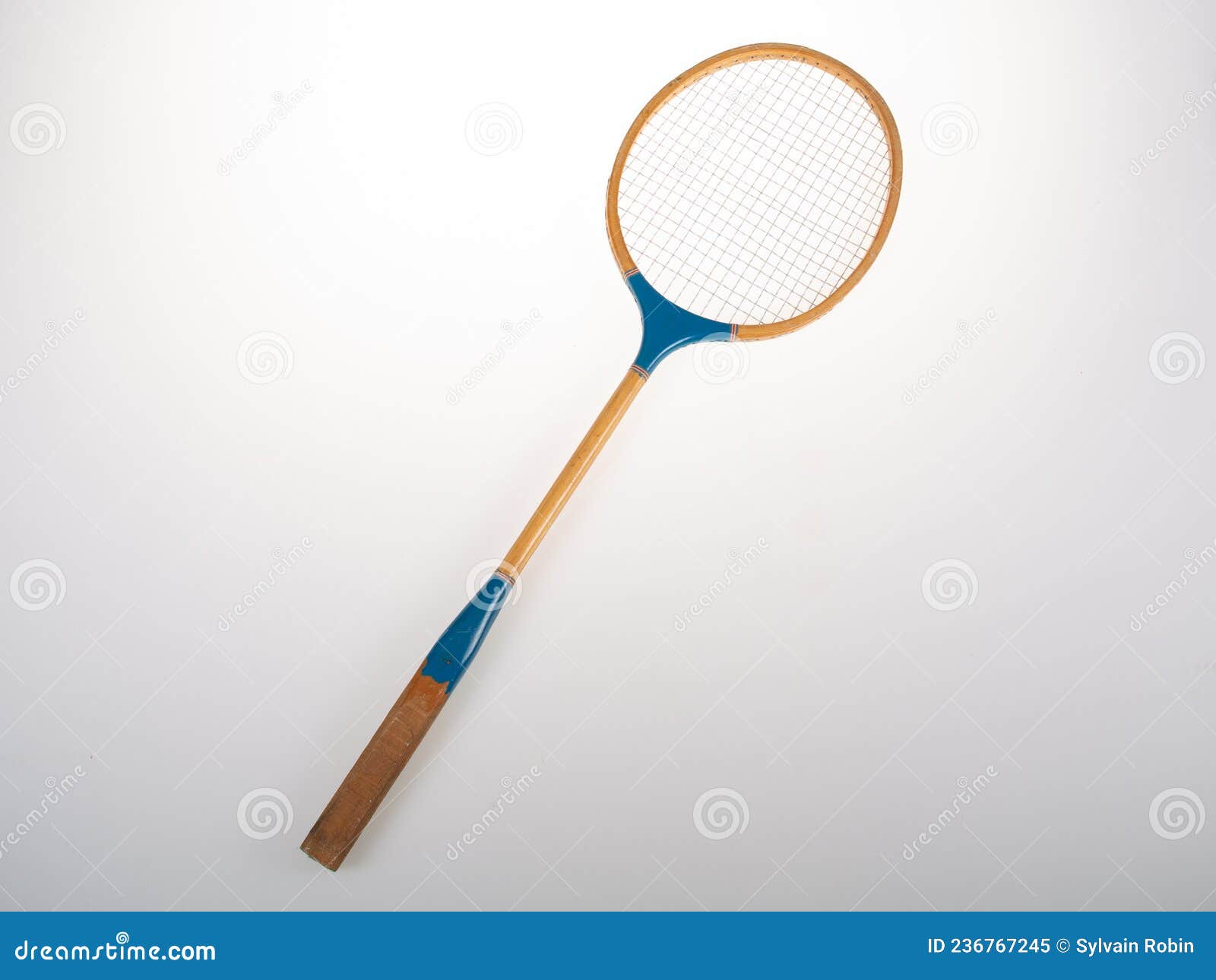 Old Wooden Blue Badminton Racket on Grey Background Stock Image - Image ...