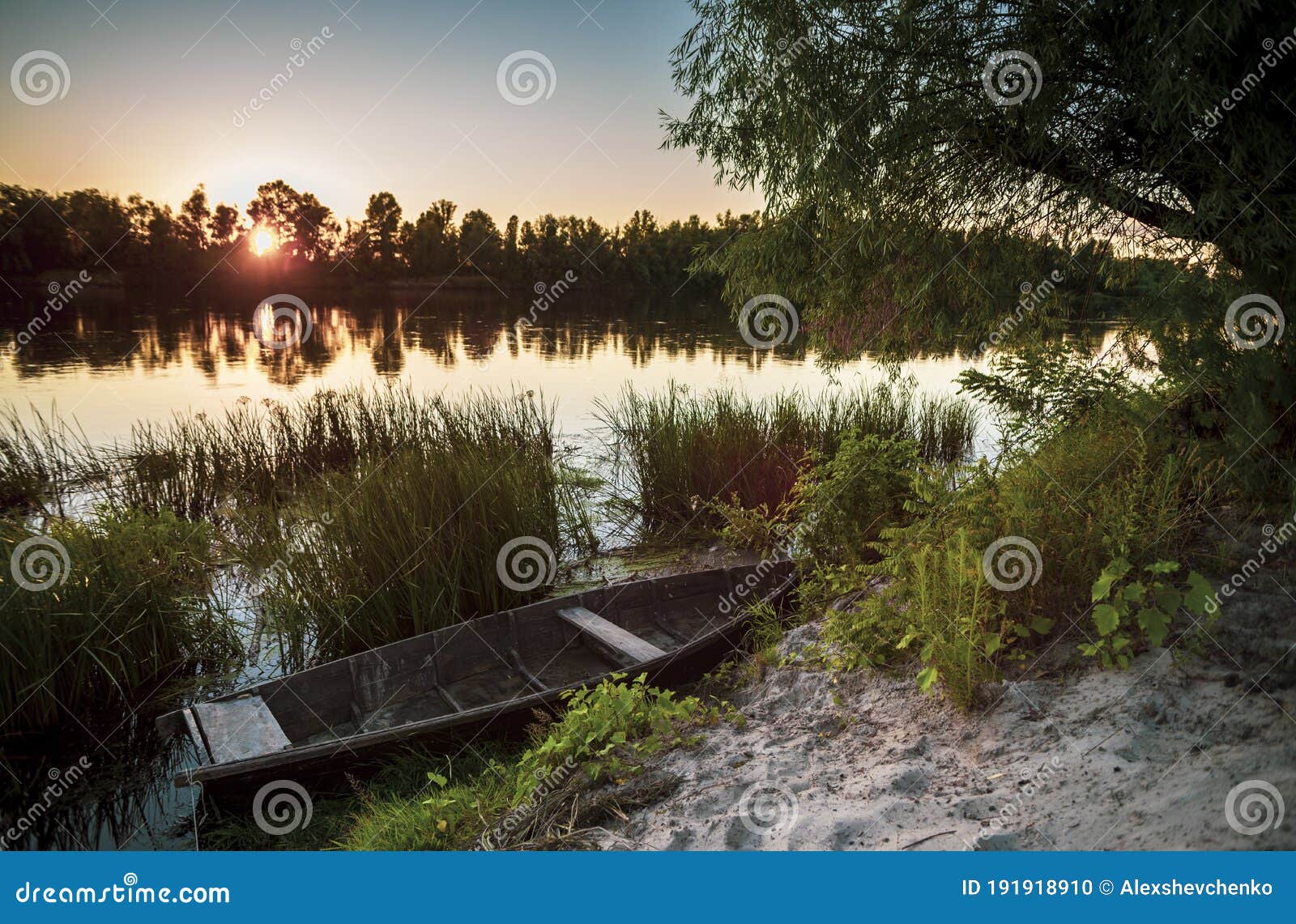 Old Wooden Boat by the River, Beautiful Scenery Stock Photo - Image of ...
