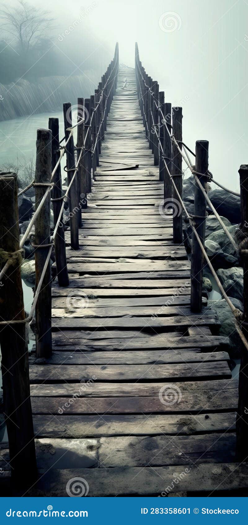 Foggy Wooden Bridge in Post-apocalyptic Style Stock Illustration ...