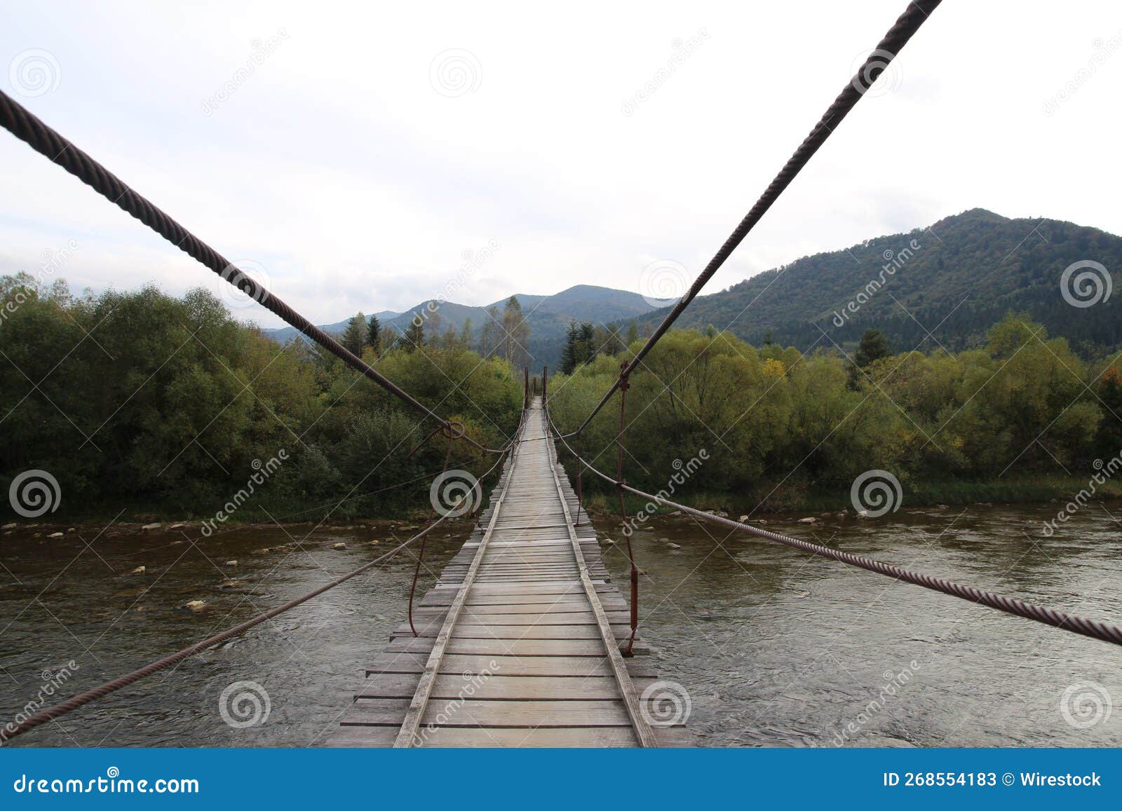 Old Wooden Bridge To the Green Forest Over the River Stock Image ...