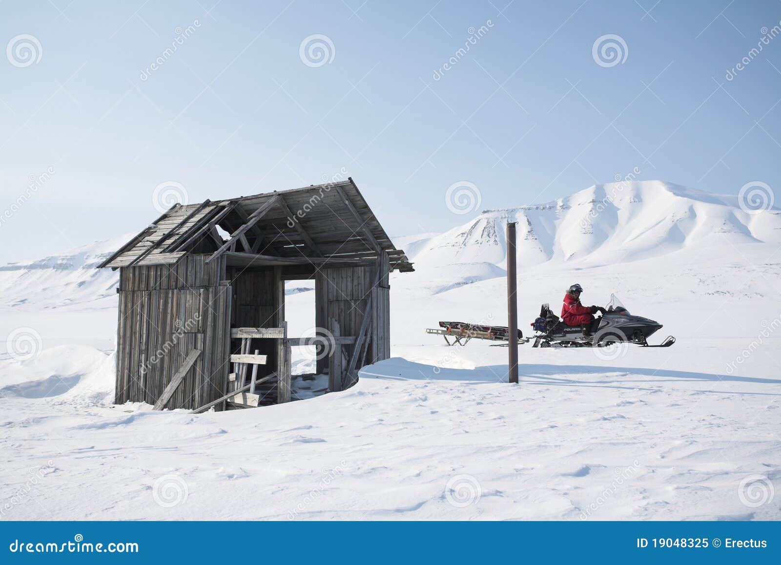 Old Wooden Building, Snowmobile, Spitsbergen Stock Image - Image of ...