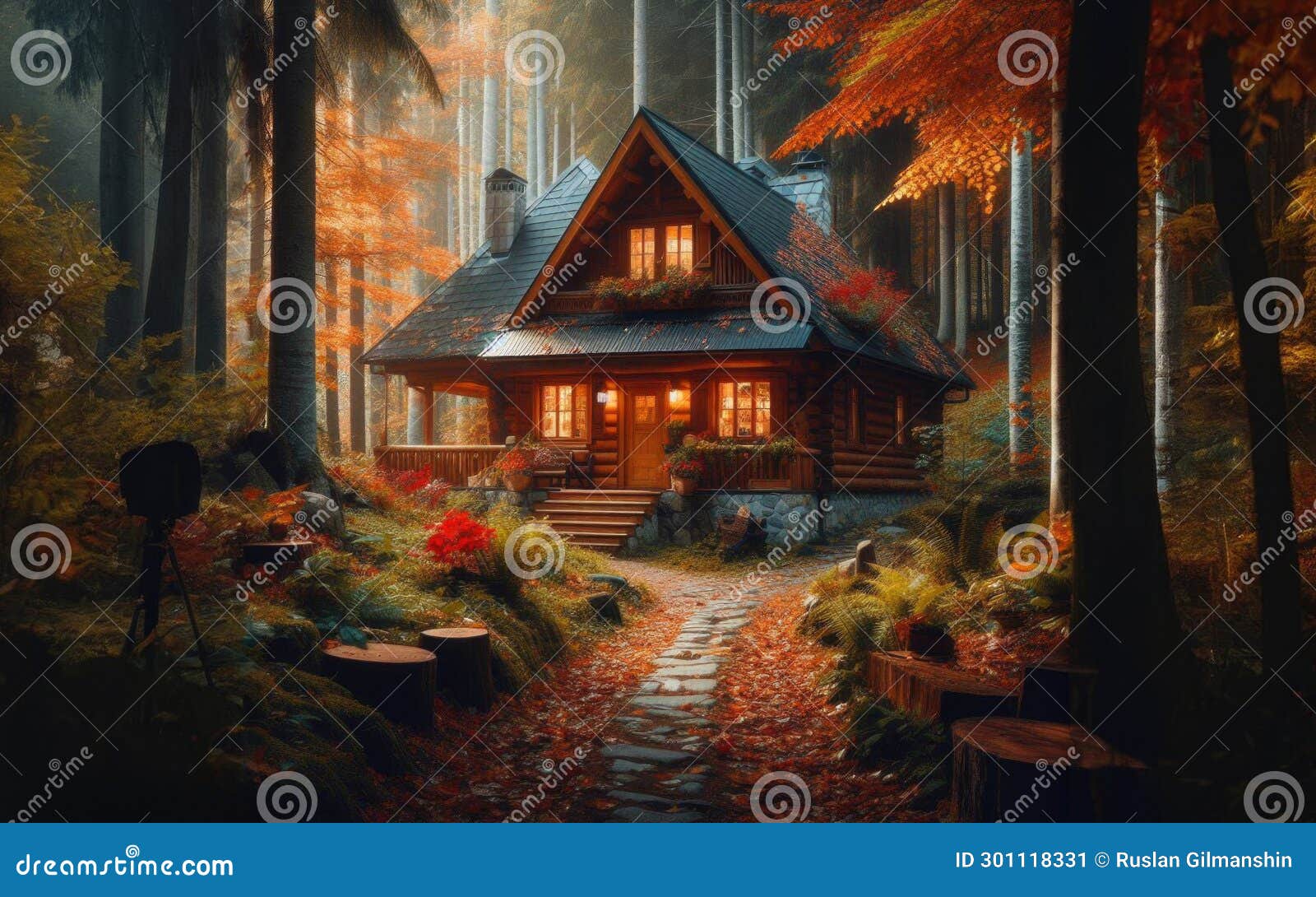 Old Wooden Cabin in the Autumn Forest, Fall Stock Image - Image of ...