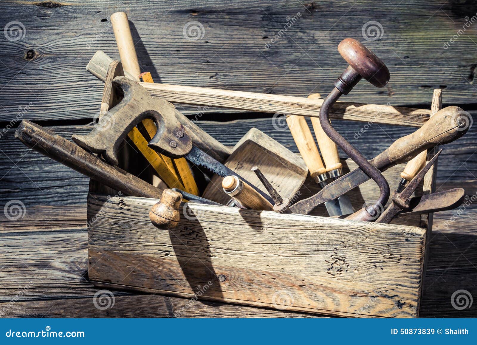 Old Wooden Carpenters Box with Tools Stock Image - Image of furniture ...