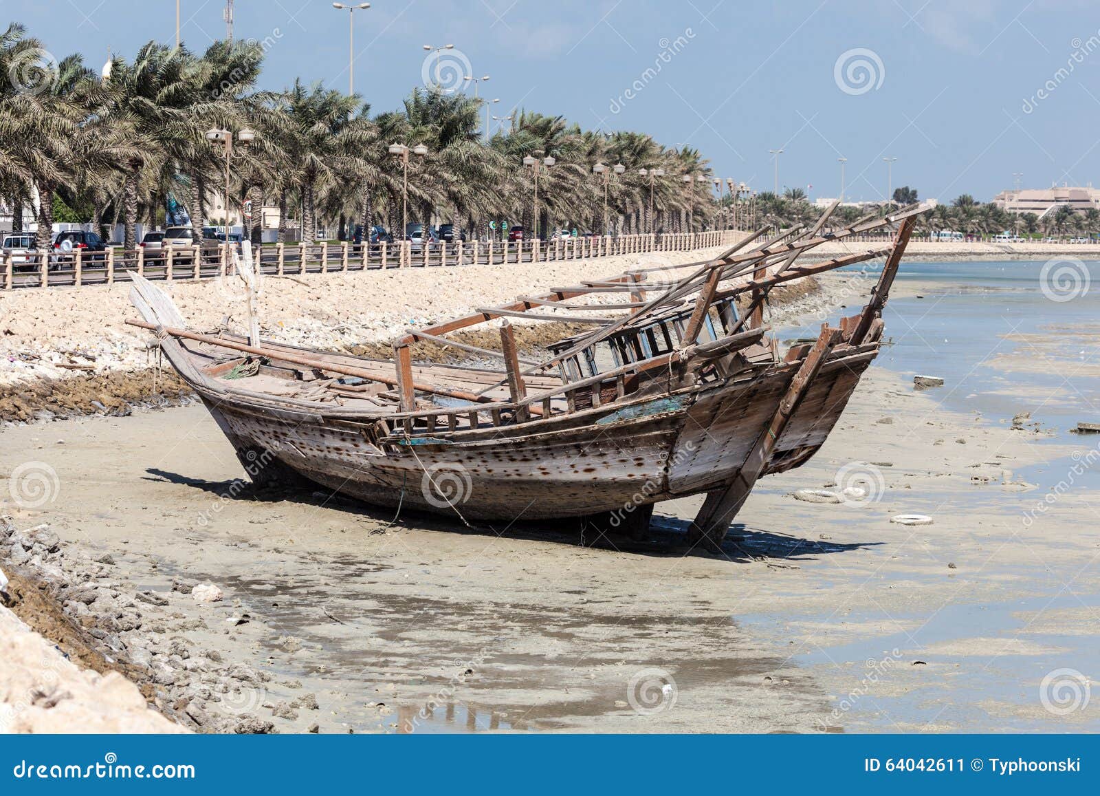 Old wooden dhow in Bahrain stock image. Image of promenade - 64042611