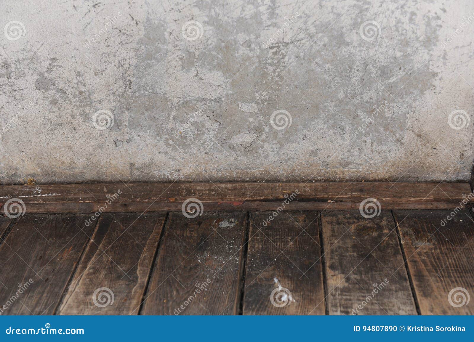 Old Wooden Floor and Scuffed Concrete Wall Stock Photo - Image of board ...