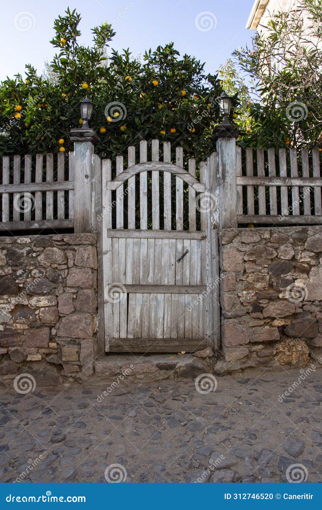 Old Wooden Gate in a Stone Wall of an Old House with Orange Tree Stock ...