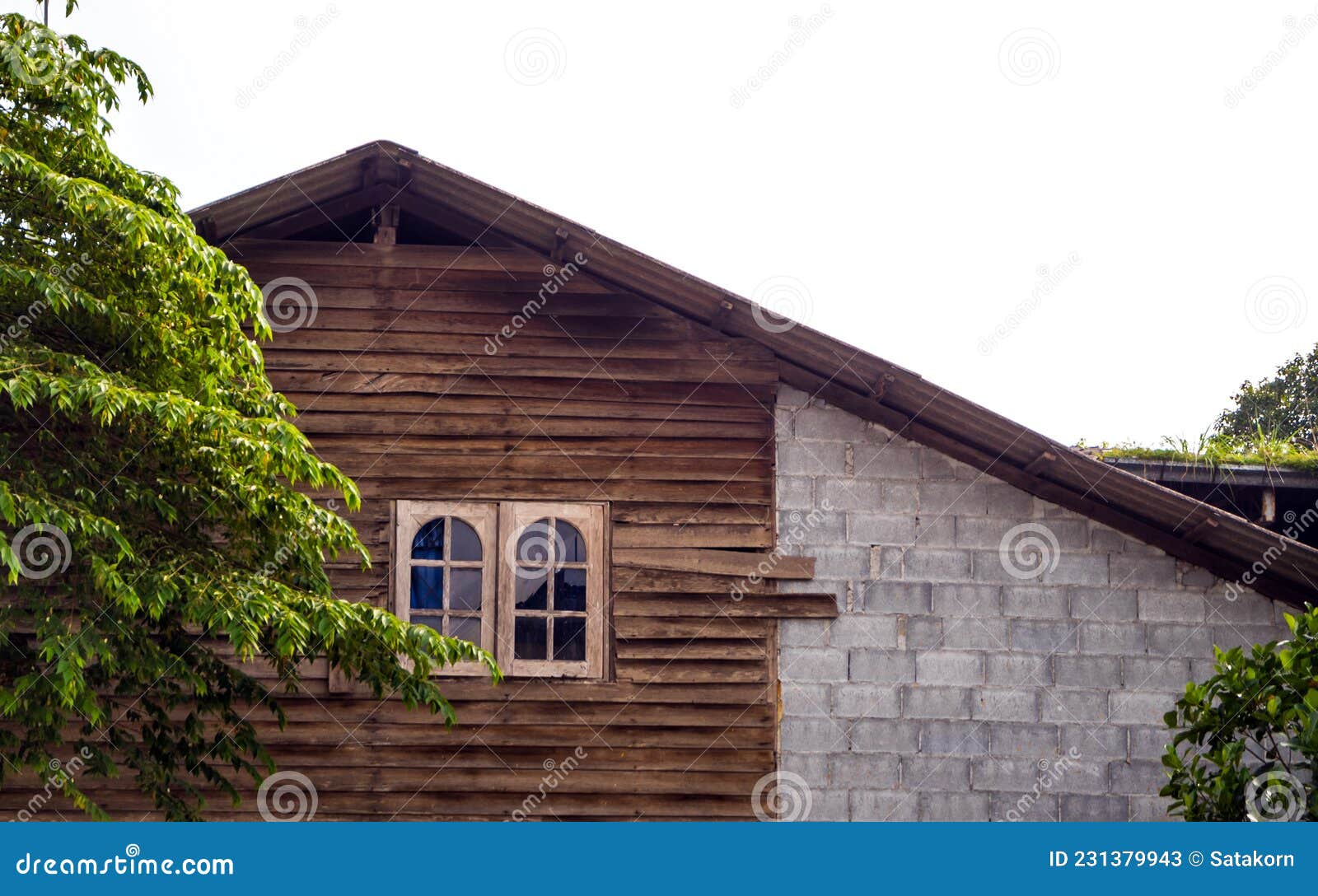 The Wooden House and the Tree beside Stock Image - Image of wall ...
