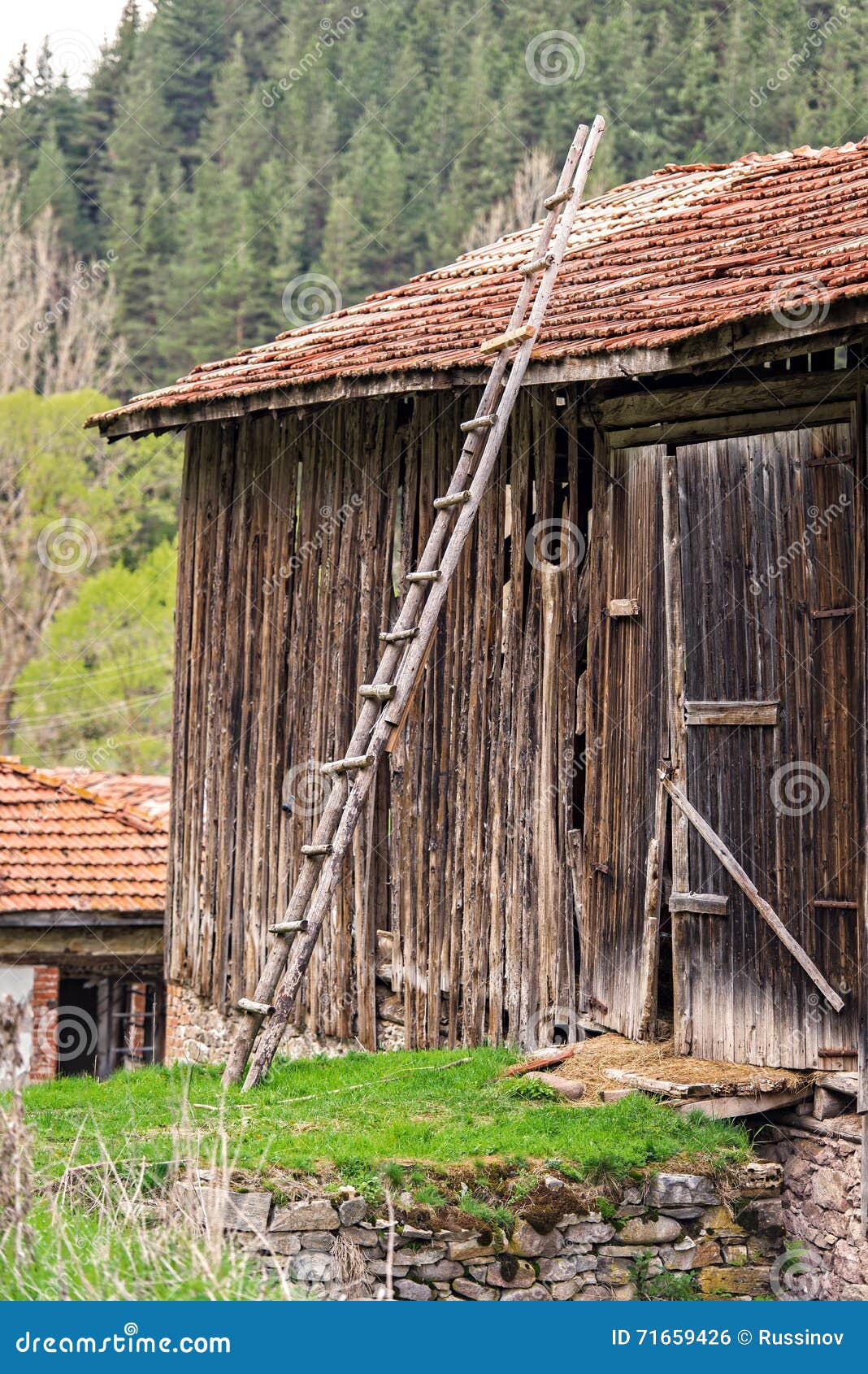 Old Wooden Ladder in Front of Historic Barn Stock Photo - Image of ...