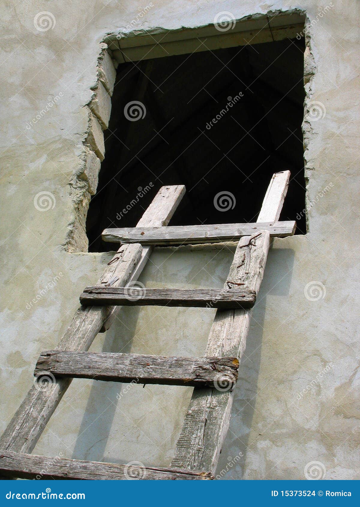 Old Wooden Ladder To Window Over the Wall Stock Photo - Image of house ...