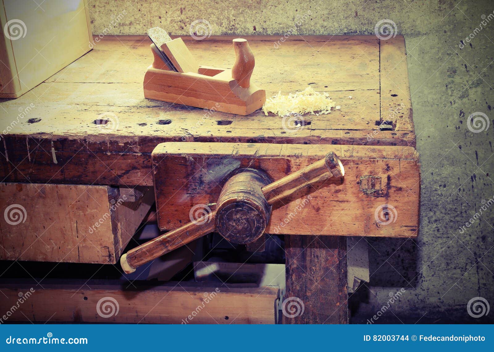 Old Wooden Plane on the Table of the Workshop of Carpenter with Stock ...