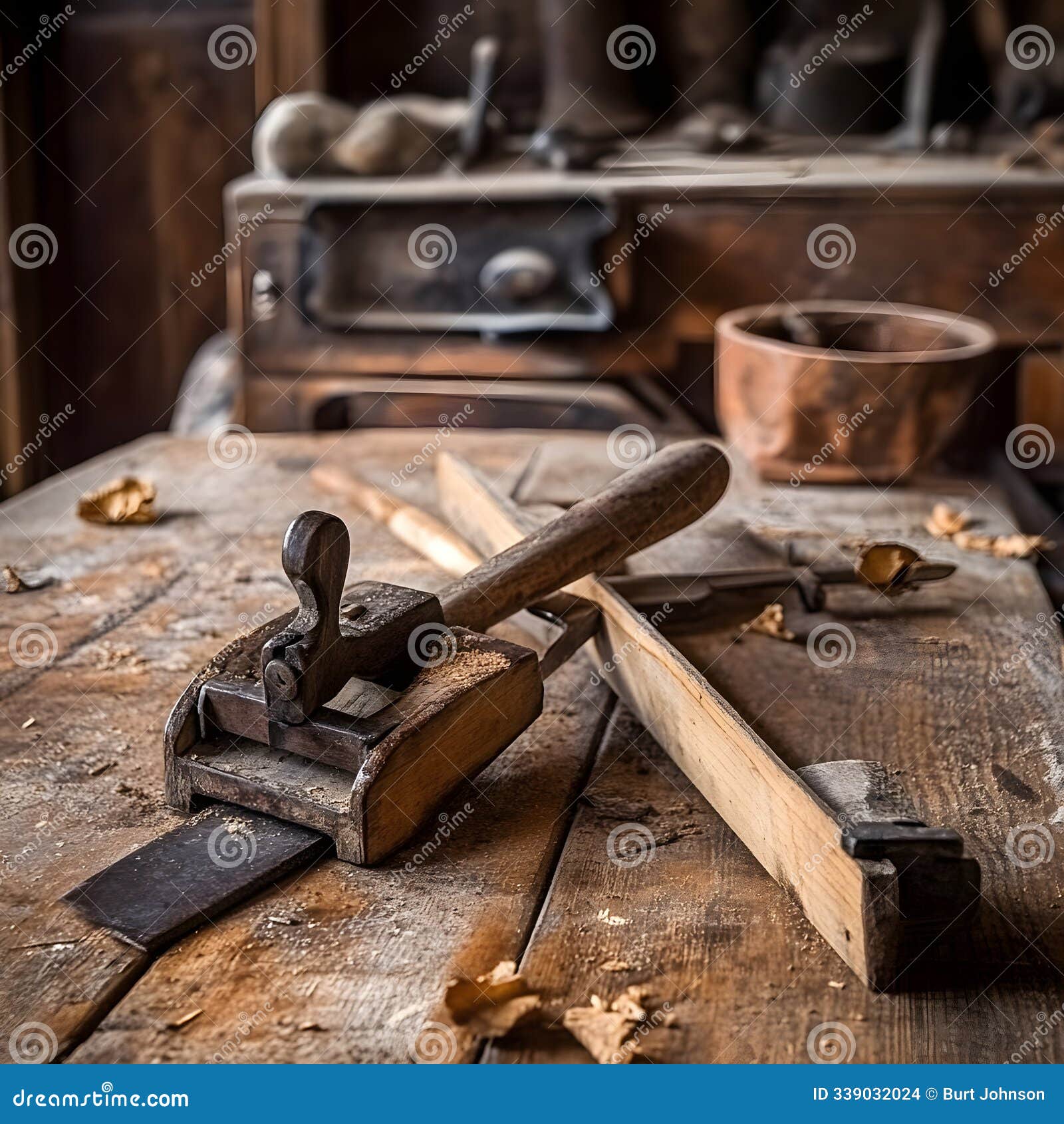 Old Wooden Planer And Chisel Resting On Workbench In Workshop Stock ...