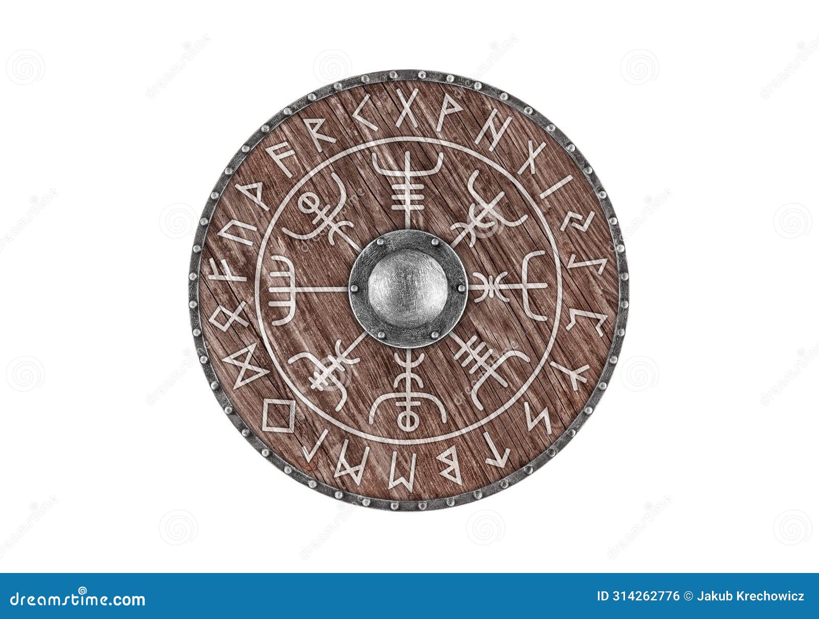 Old Wooden Round Shield Decorated with Runes Isolated on White Stock ...
