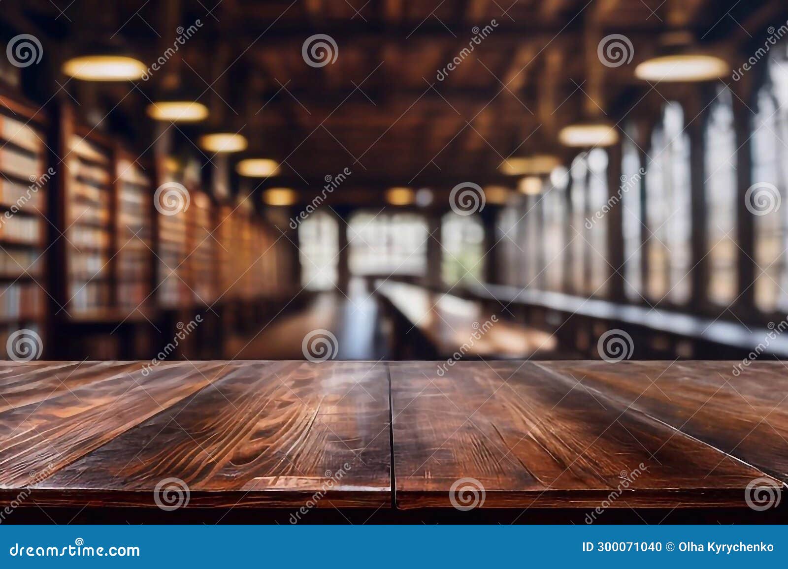 Old Wooden Table in the Background of the Ancient Library Stock ...