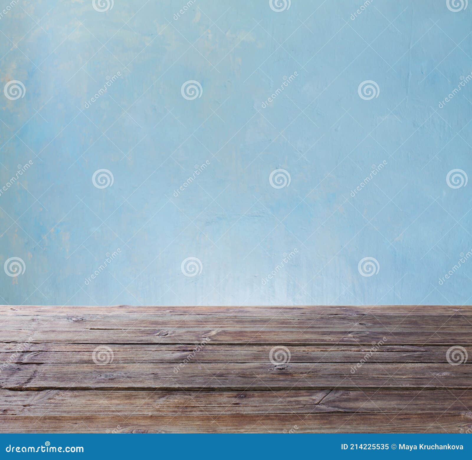 Wooden Table on Background Blue Wall Stock Image - Image of space, gray ...