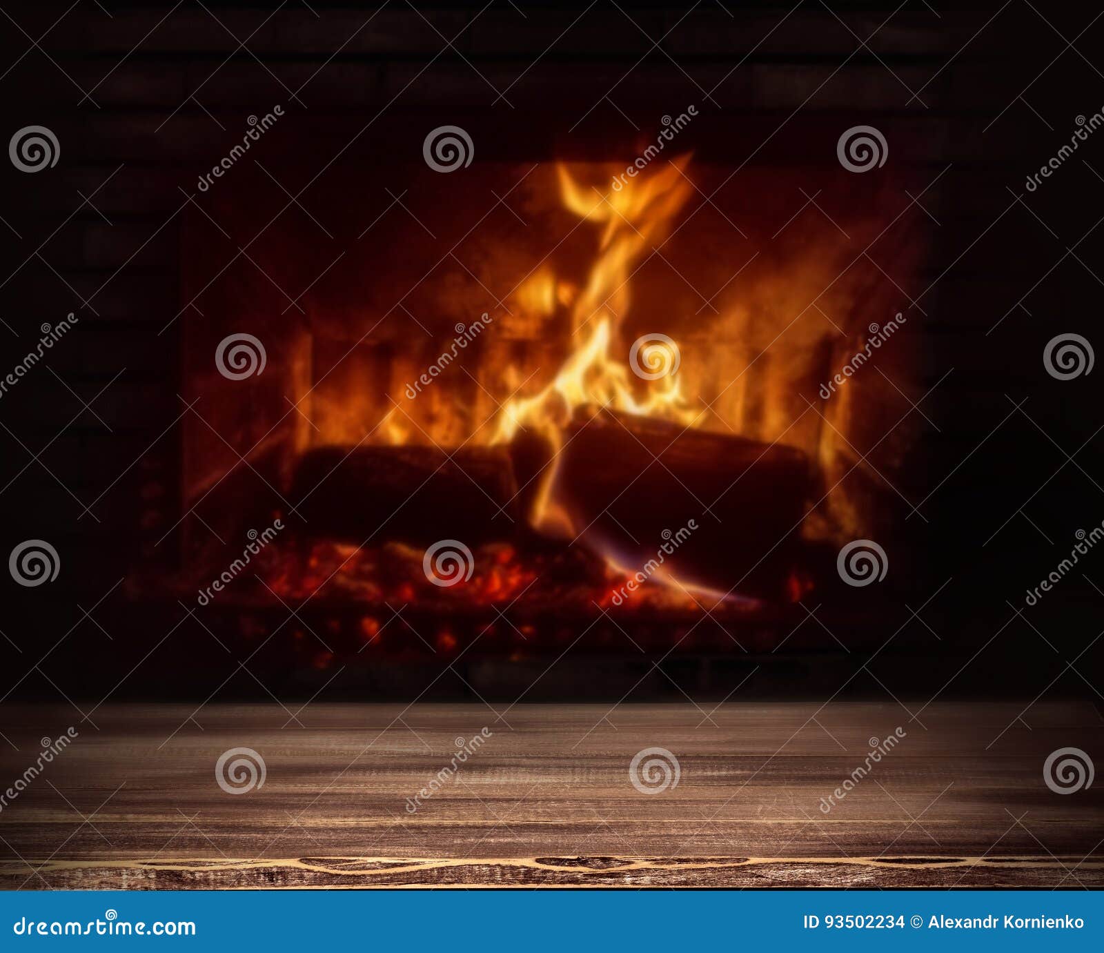 Old Wooden Table and Fireplace Stock Photo - Image of bright, fire ...