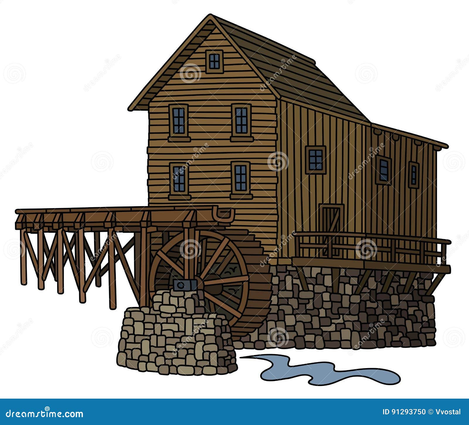 Old wooden watermill stock vector. Illustration of cartoon - 91293750