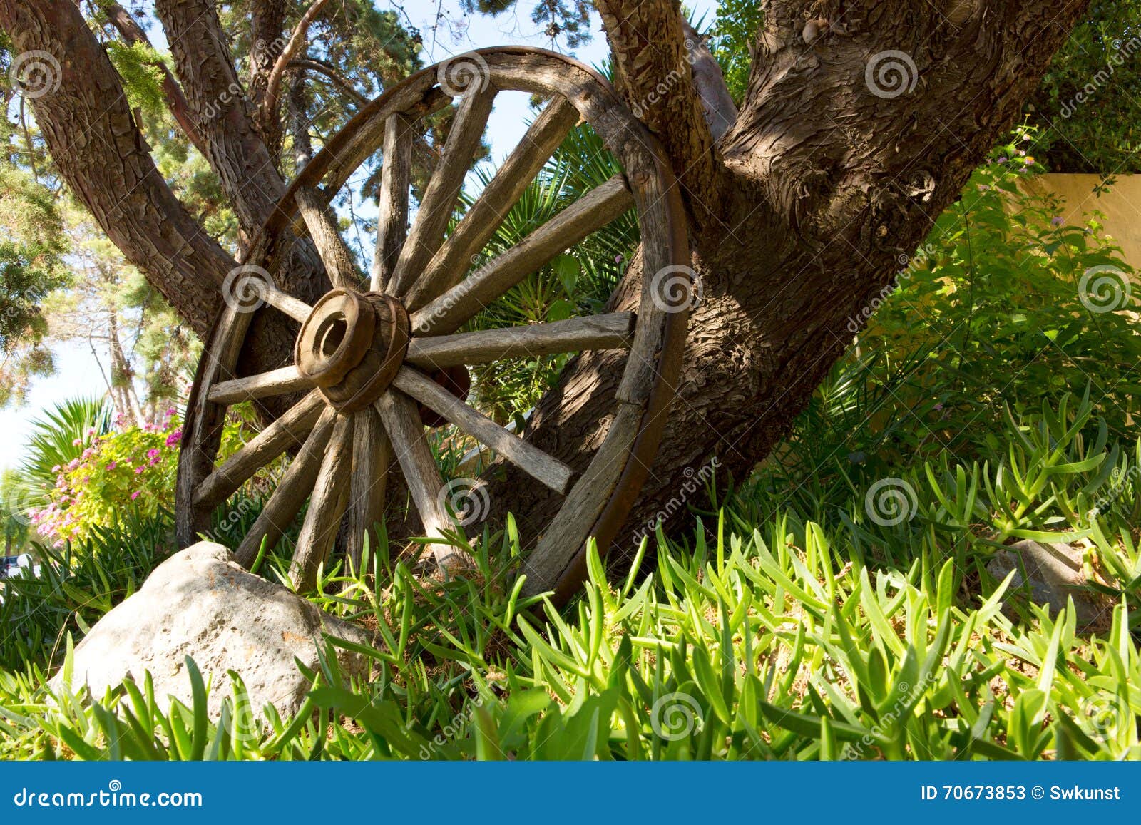 The Old Wooden Wheel and Tree. Stock Image - Image of board, country ...