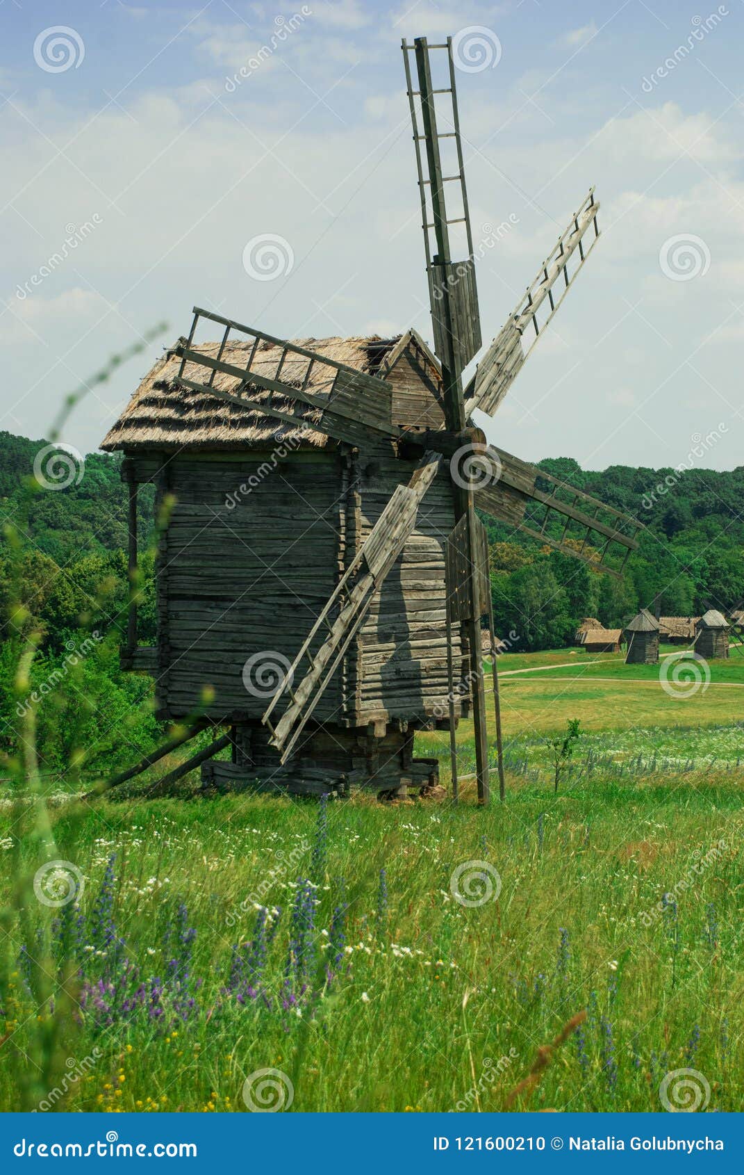 Old Wooden Windmill in a Meadow Stock Photo - Image of nature, village ...
