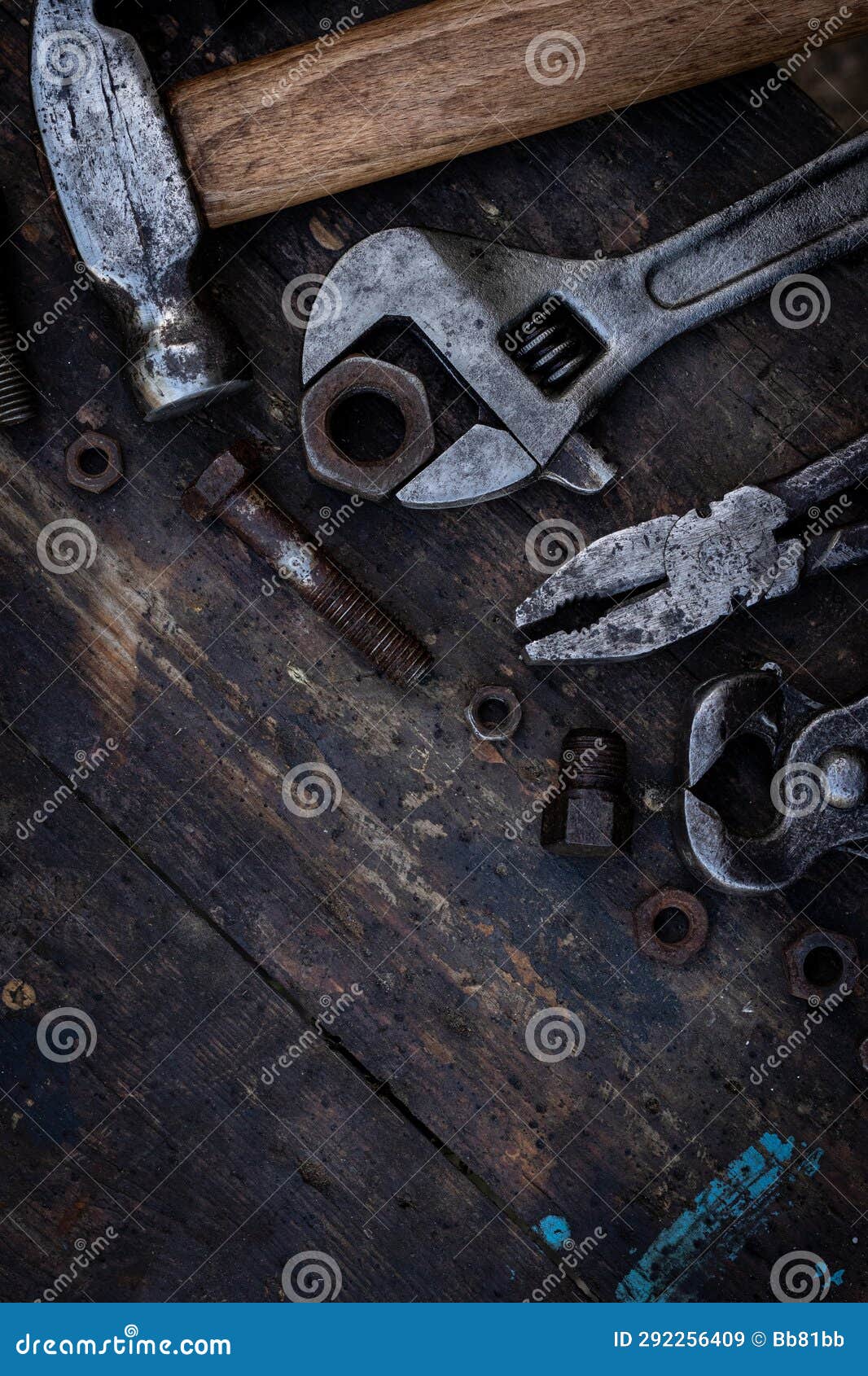 Old Work Tools Nuts, Bolts and Bearings Lie on a Wooden Workbench Stock ...