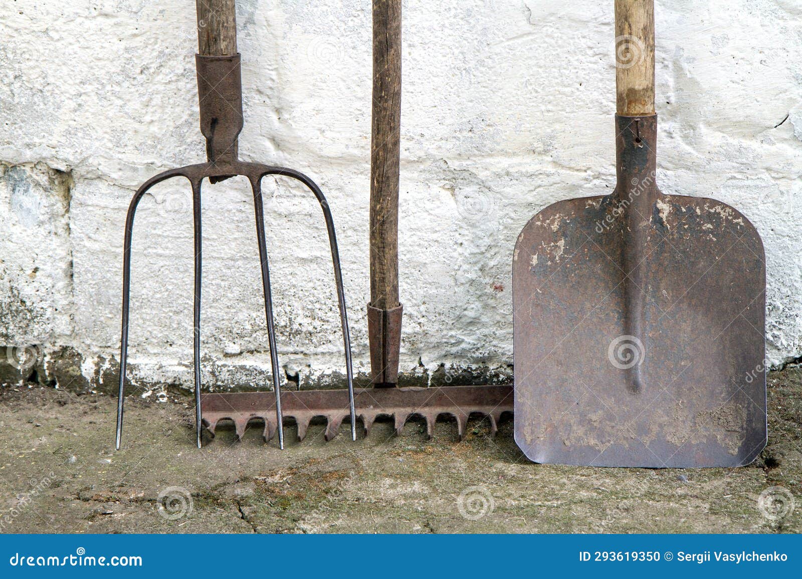 Old Work Tools. a Pitchfork, a Rake and a Shovel Stock Photo - Image of ...