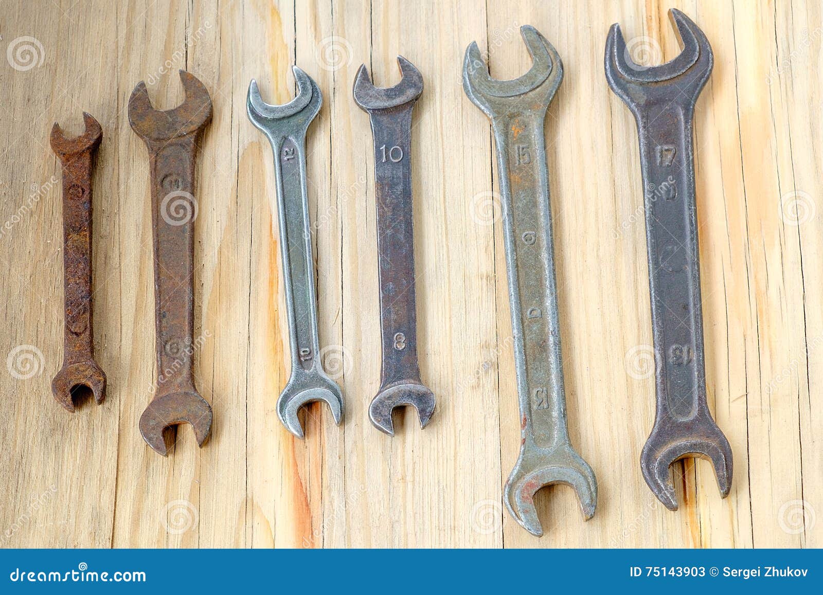 Old Work Tools Spanner, Wrench on a Wooden Table. Stock Image - Image ...