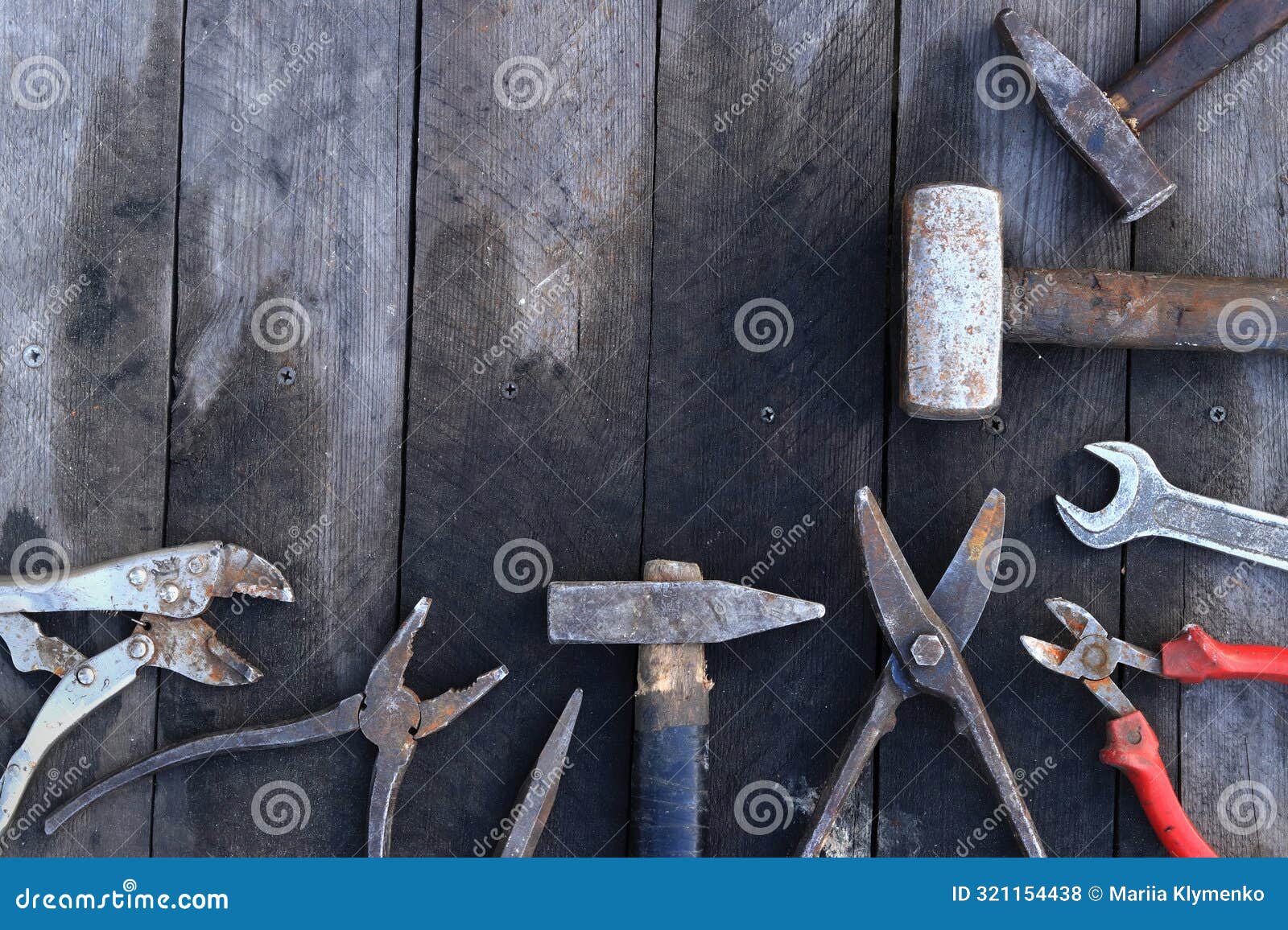 Old Work Tools on a Wooden Plank Surface, Top View Stock Photo - Image ...