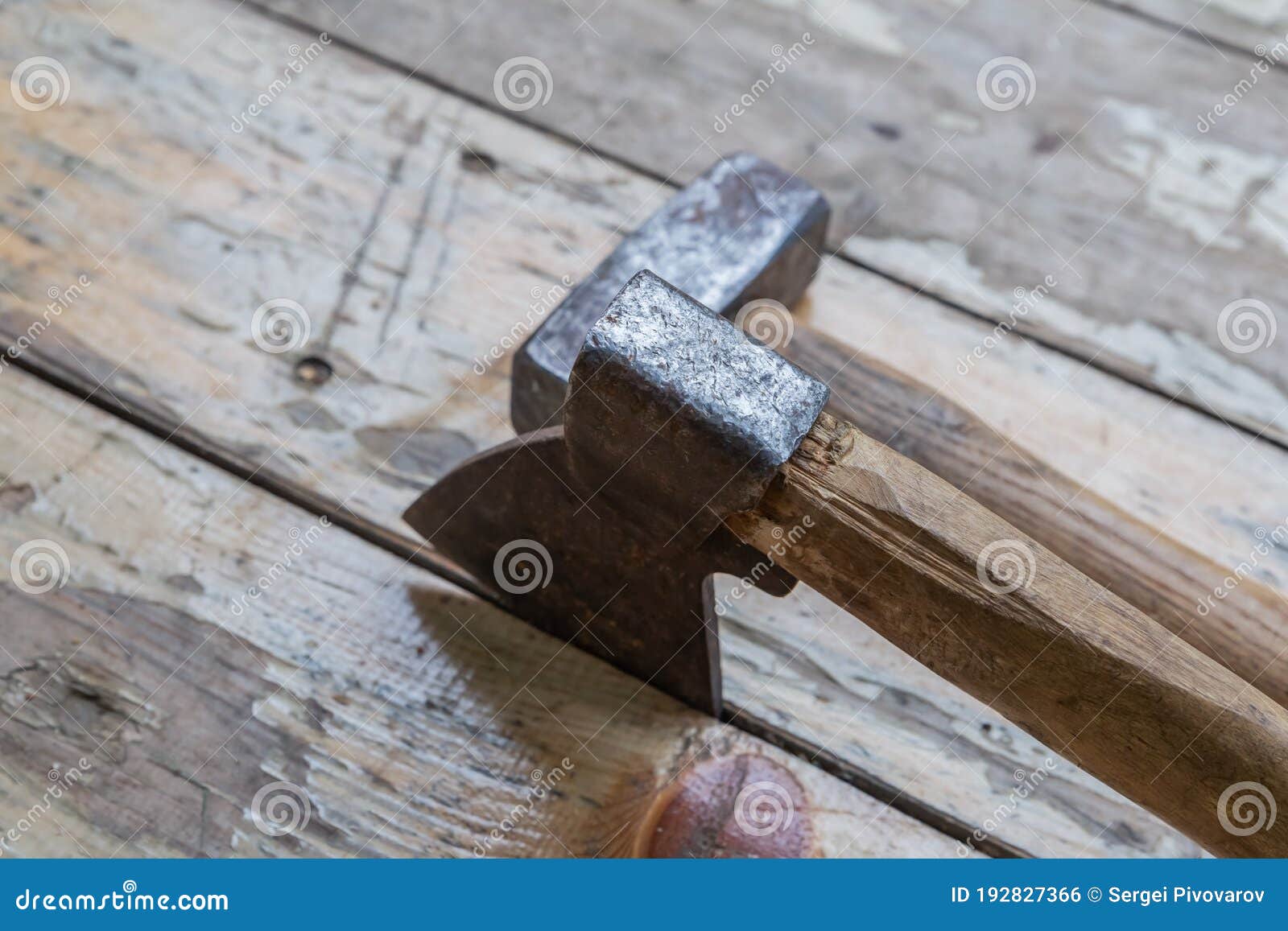 Old Work Tools Worker Ax and Hammer on the Background of Boards Stock ...