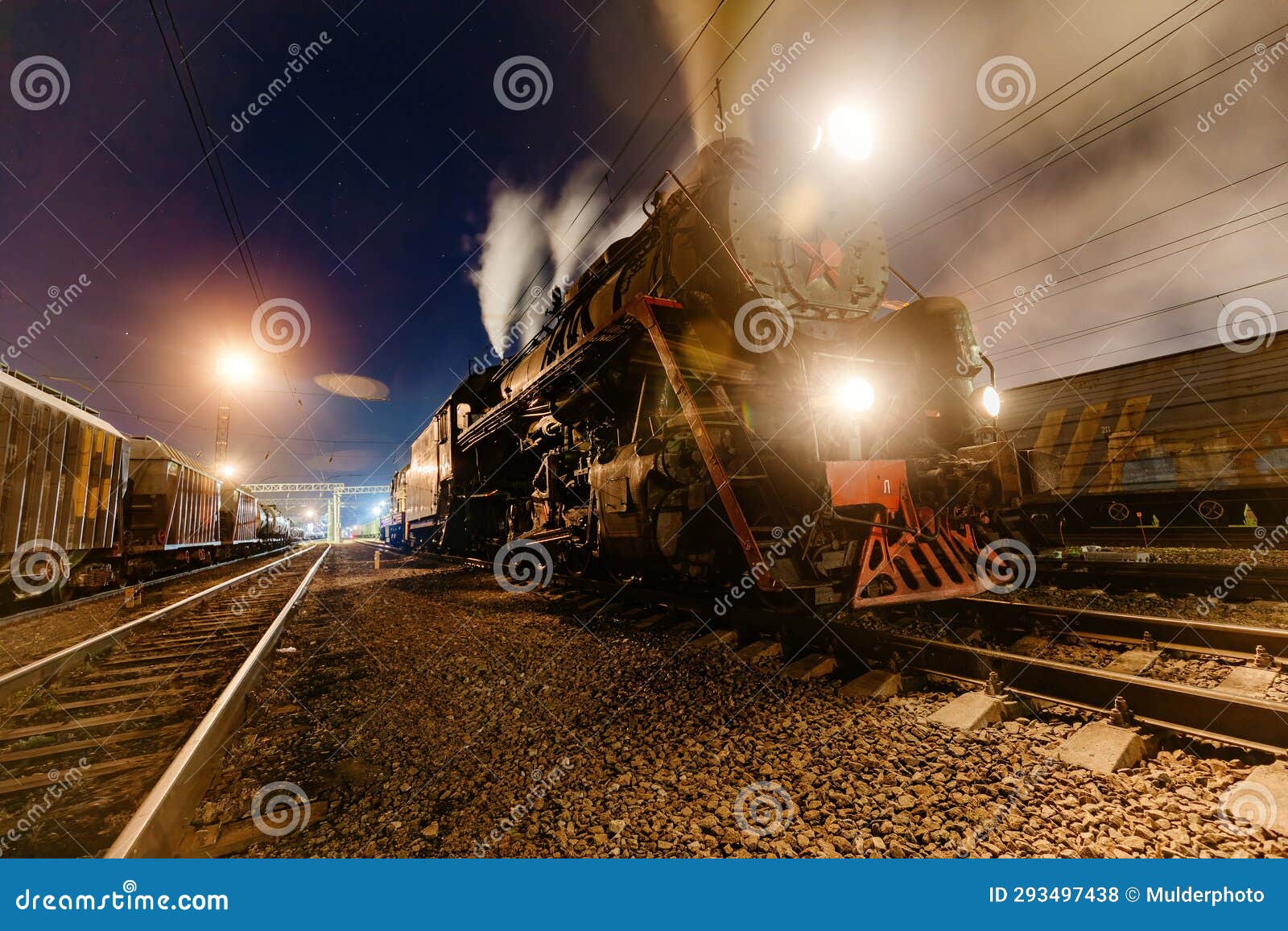 Old Working Steam Locomotive on Railway at Night Stock Photo - Image of ...