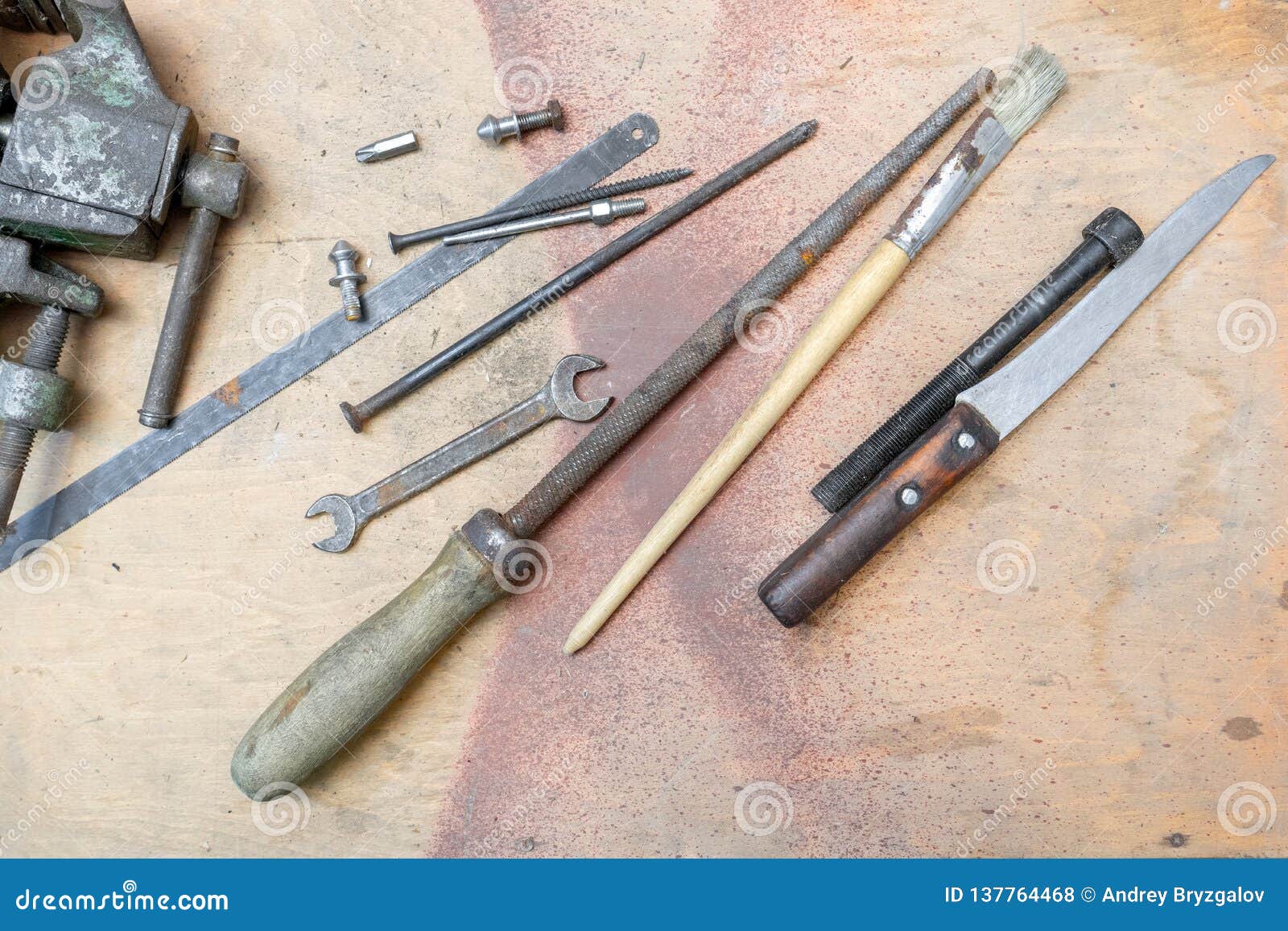 Old Working Tools on Painted Wooden Rustic Background Stock Photo ...