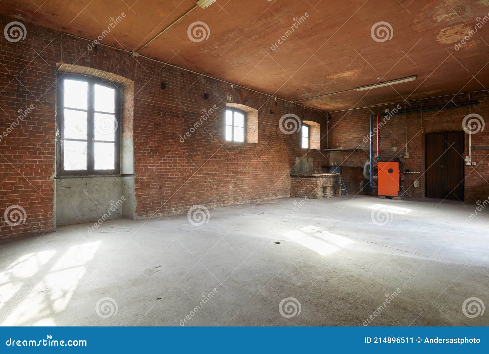 Old Workshop Interior with Brick Walls and Windows Stock Image - Image ...