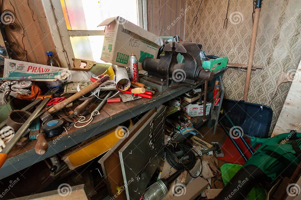 An Old Workshop with a Mess and Lots of Broken Tools. Stock Photo ...