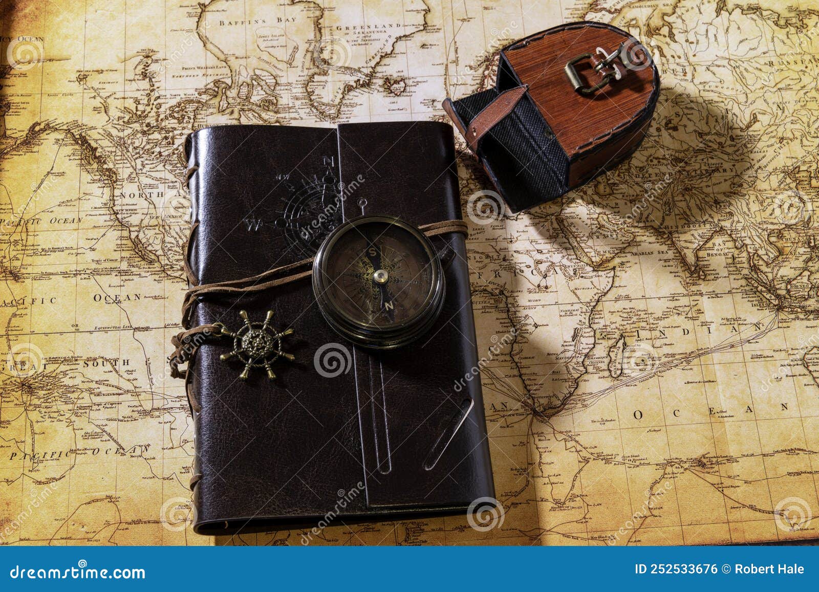 Old World Map with Antique Compass and Journal Stock Photo - Image of ...