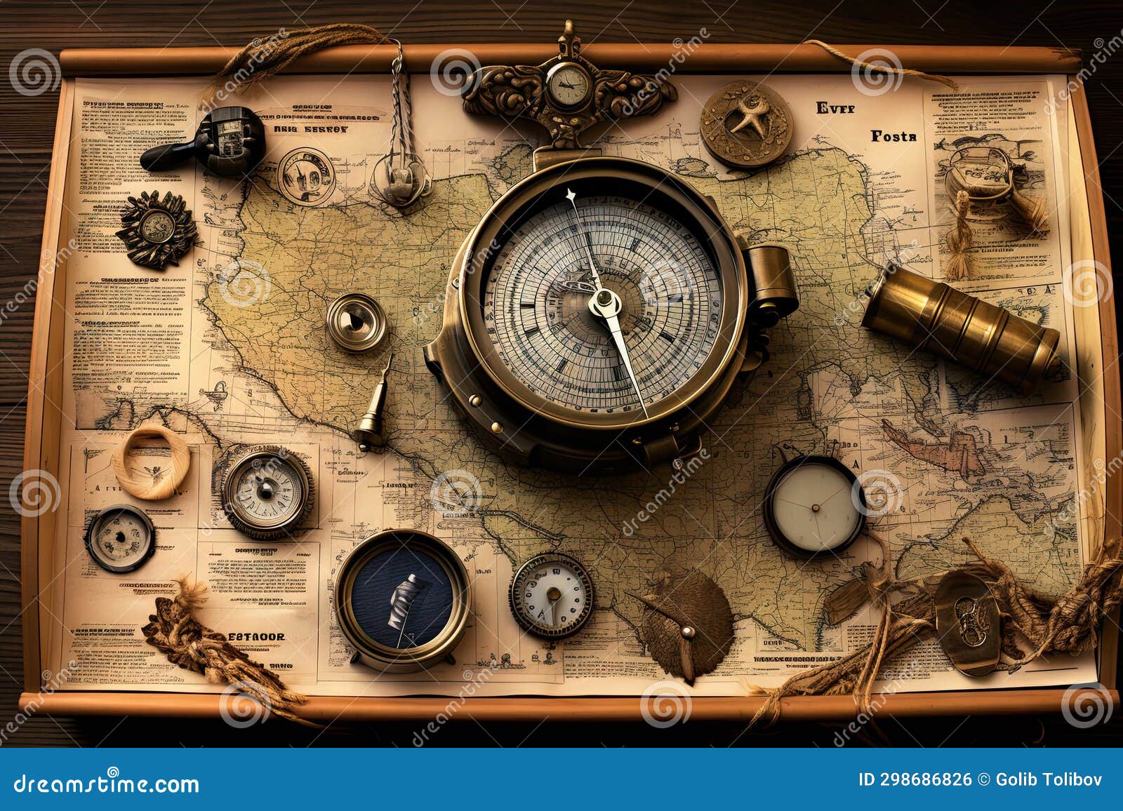 An Old World Map with a Compass and Other Items Stock Photo - Image of ...