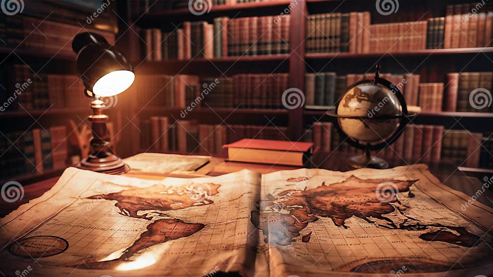 Antique World Map in a Warm Library Setting Stock Illustration ...