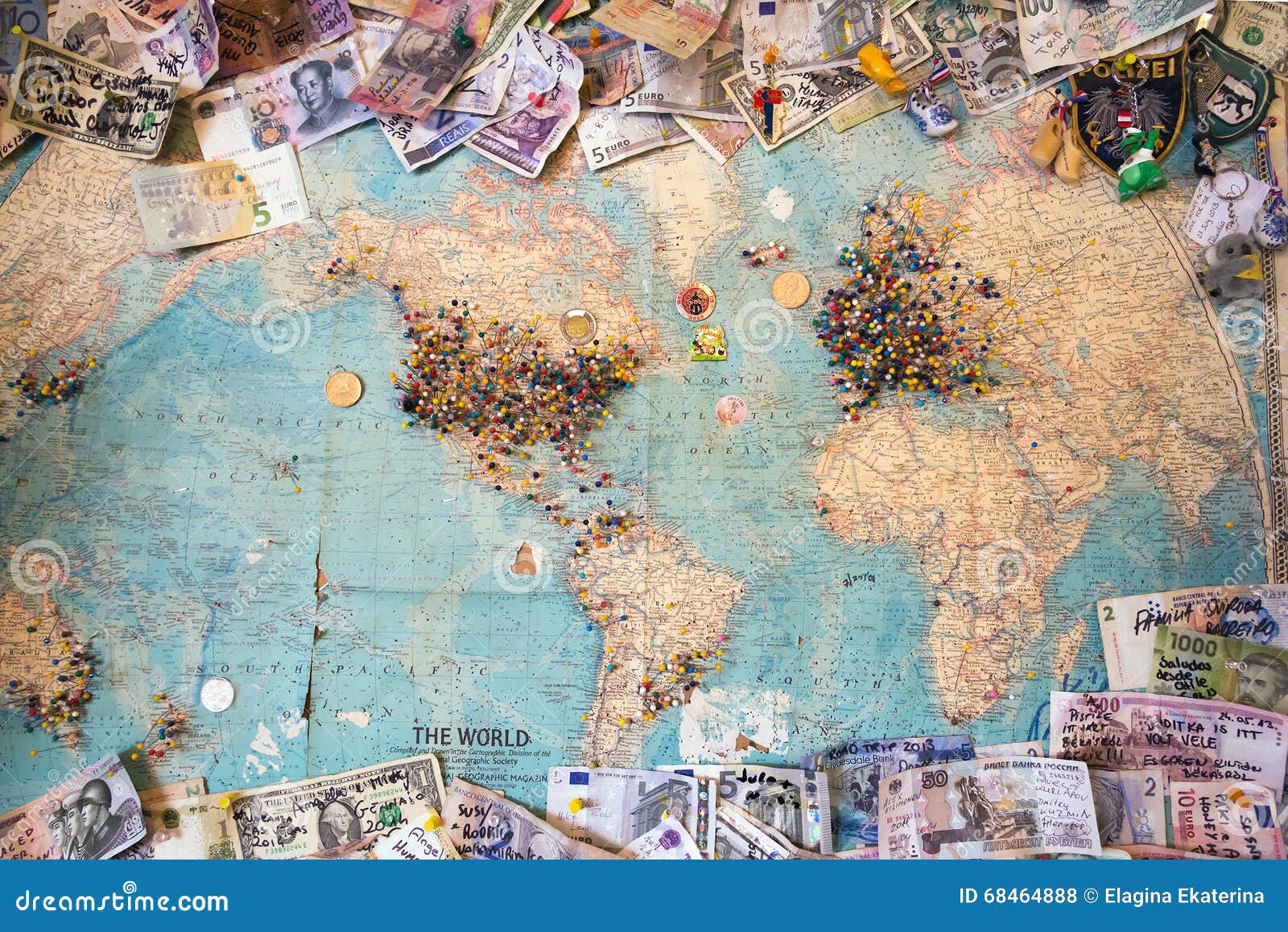 Old World Map with Marked Spaces and Money from Different Countr Stock ...