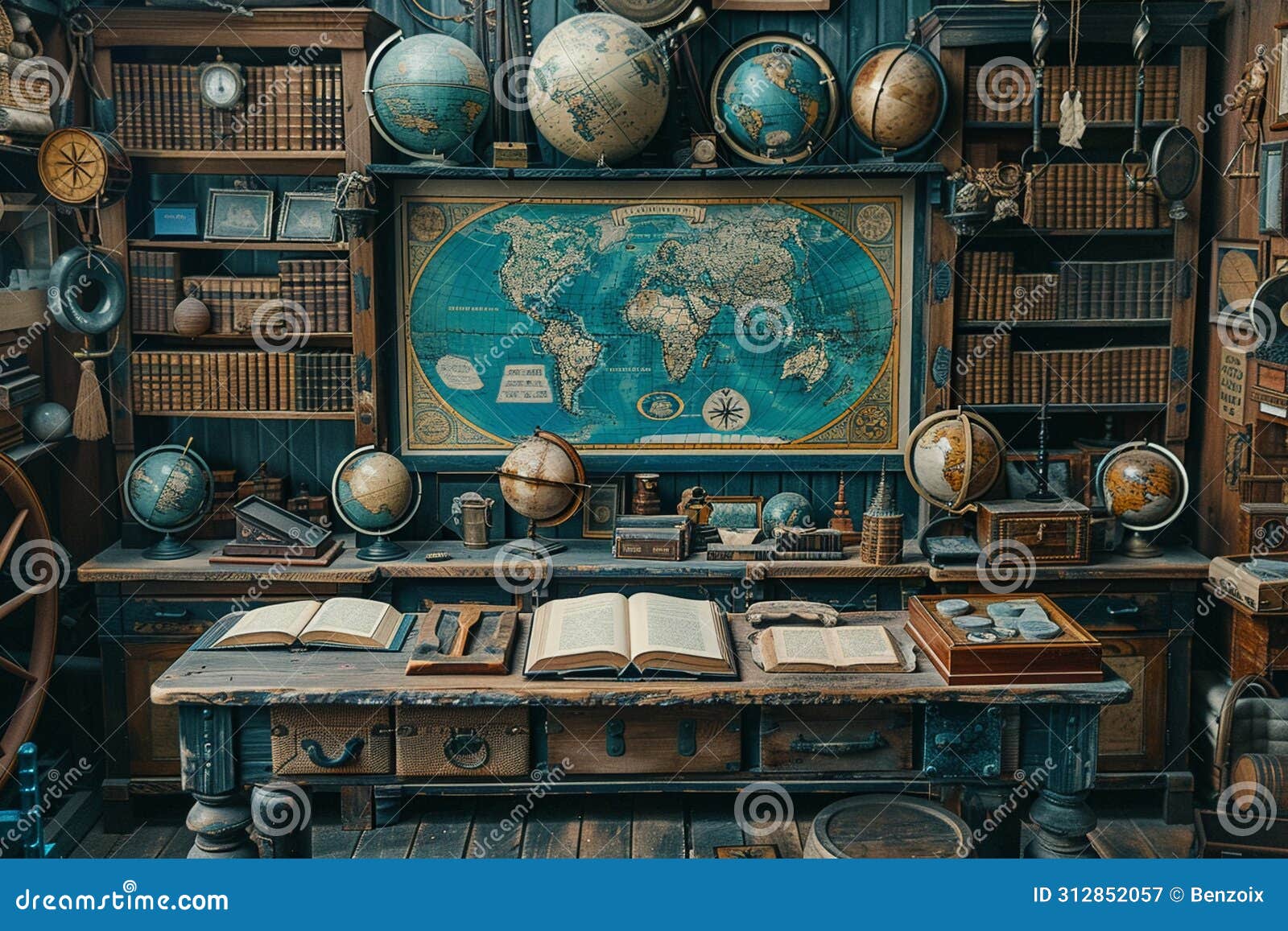 Old-world Map Room with Globes and Antique Navigation Tools Stock Image ...