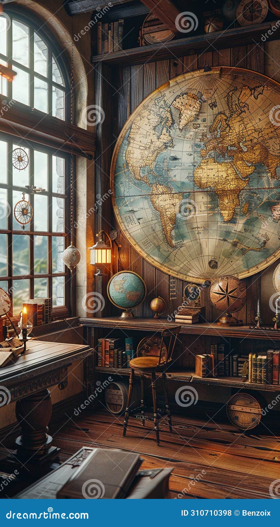 Old-world Map Room with Globes and Antique Navigation Tools3D Render ...