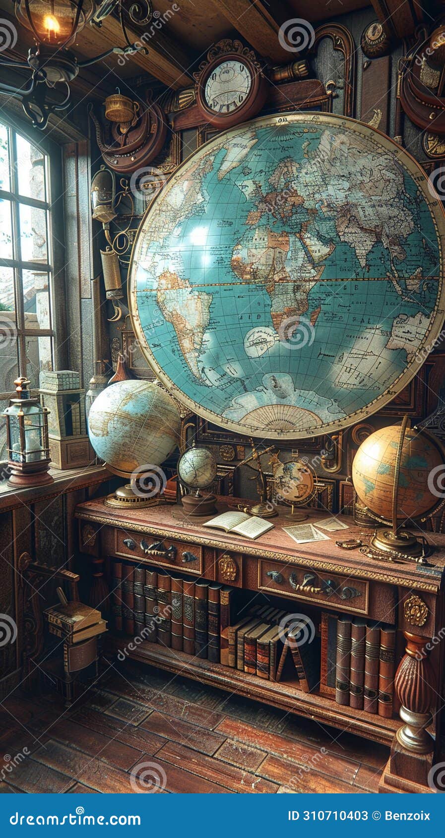 Old-world Map Room with Globes and Antique Navigation Tools3D Render ...