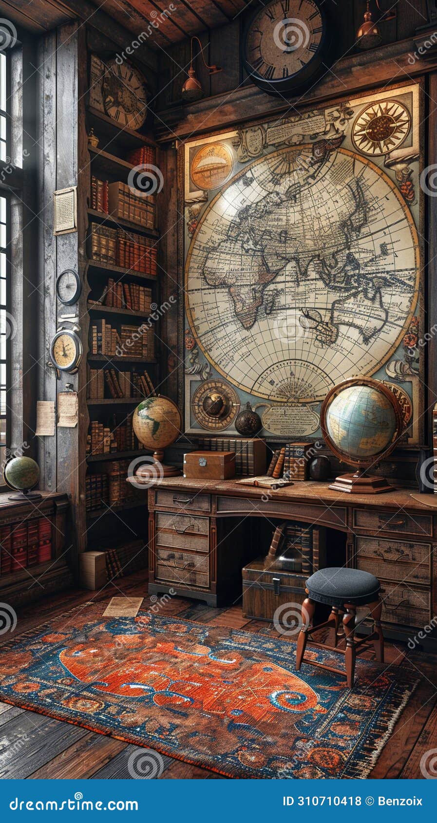 Old-world Map Room with Globes and Antique Navigation Tools3D Render ...