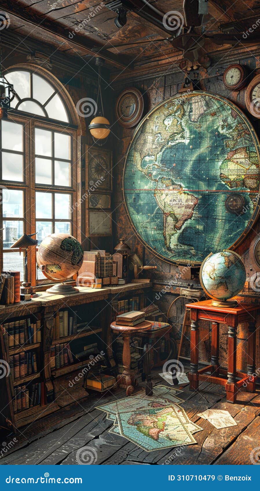 Old-world Map Room with Globes and Antique Navigation Tools3D Render ...