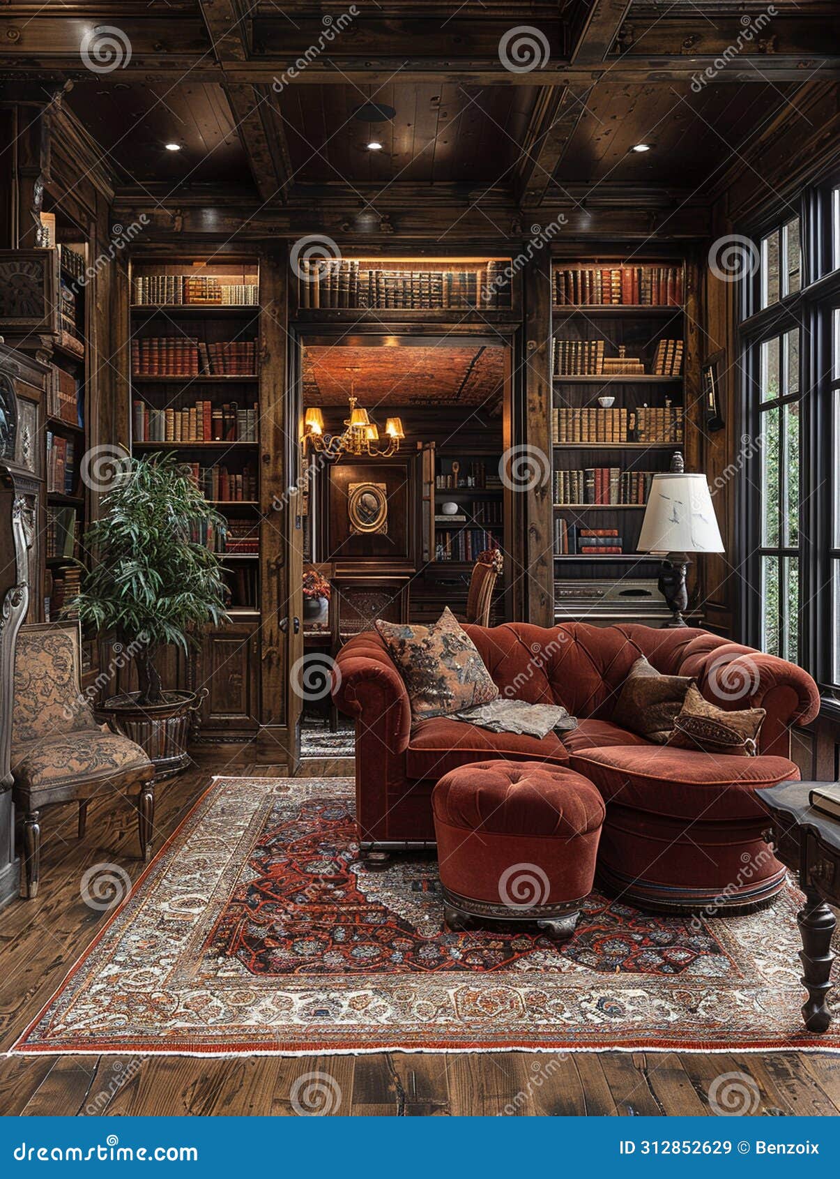 Old-world Study With Rich Wood Paneling And A Hidden Bookcase Door ...